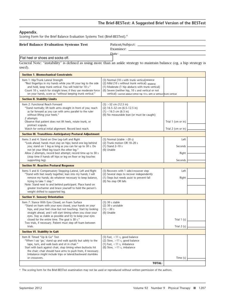 The Brief-BESTest: A Suggested Brief Version of the BESTest | PDF | Hip ...