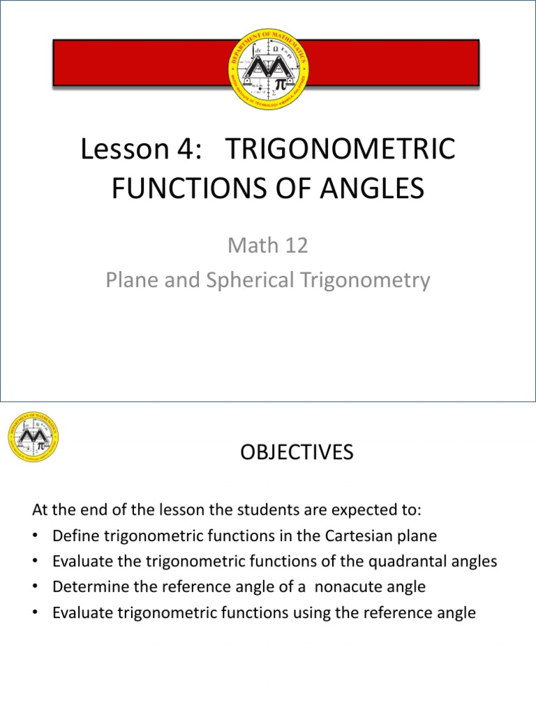 Math12 - L4 (Trigo Functions of Angles) | PDF | Trigonometric Functions | Trigonometry