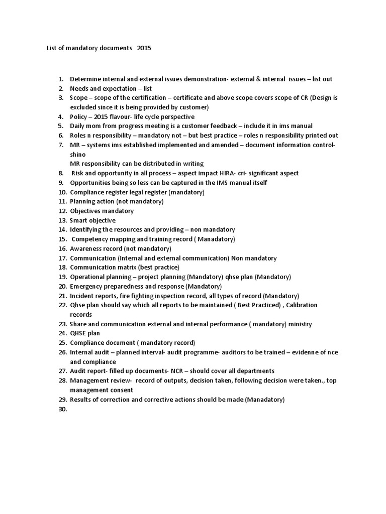 List of Mandatory Documents - IMS | PDF