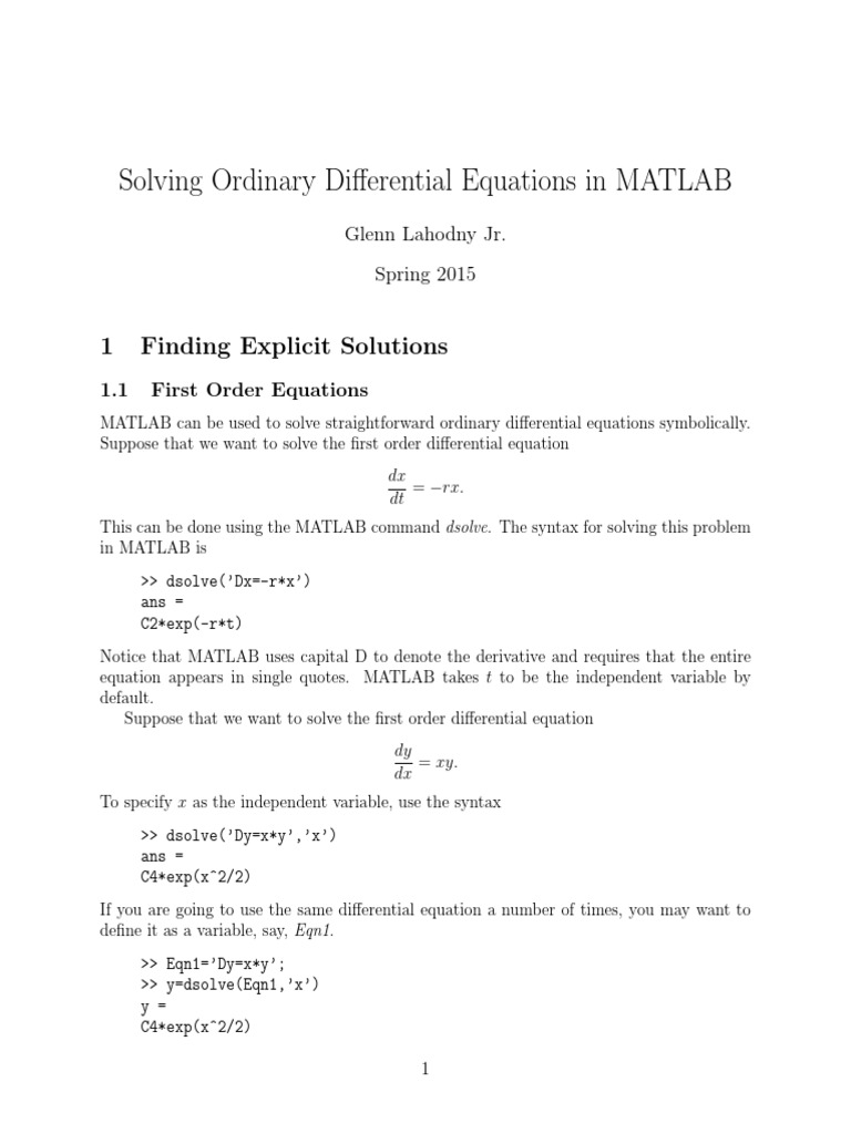 Solving Differential Equations With Matlab | PDF | Ordinary ... Solving Differential Equations With Matlab | PDF | Ordinary ...