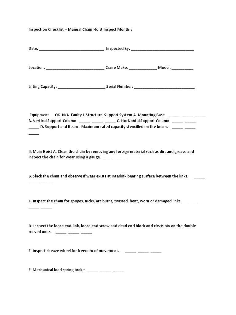 Inspection Checklist Chain Block | PDF