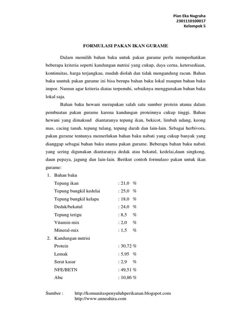 Contoh Formulasi Pakan Ikan Gurame | PDF