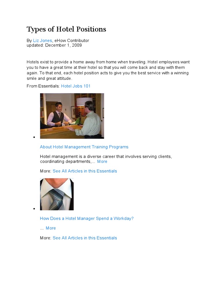 Types of Hotel Positions Explained | PDF | Hotel | Employment