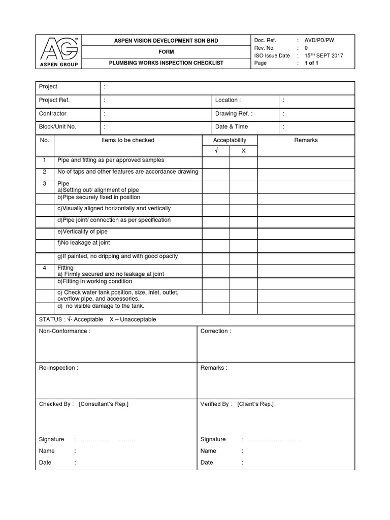 Plumbing Inspection Checklist | PDF