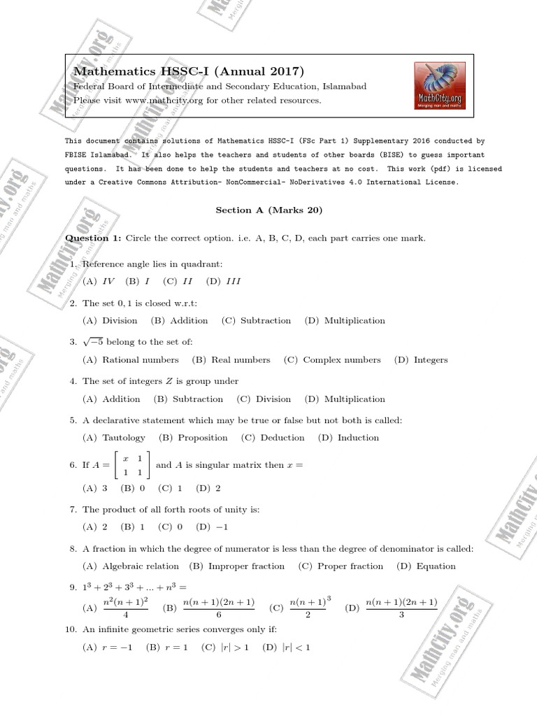 Mathematics HSSC I Annual 2017 Fbise | PDF | Sine | Fraction (Mathematics)