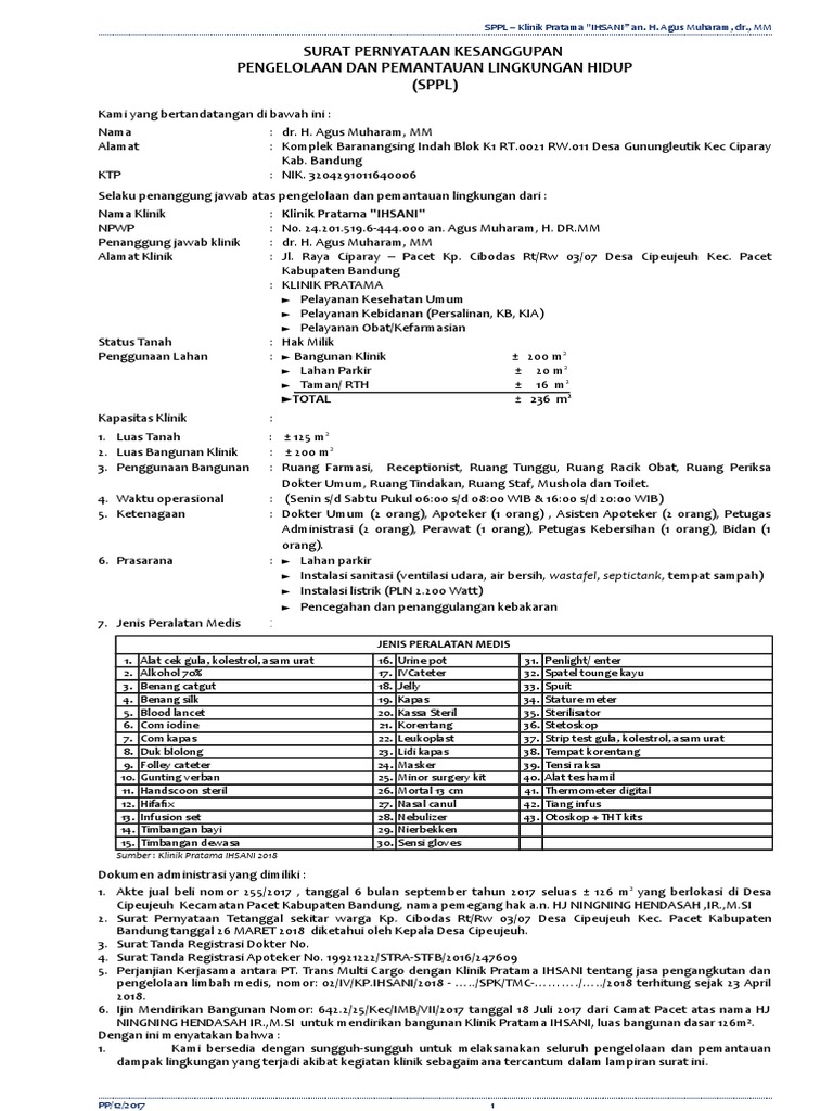 SPPL - Klinik Pratama Harapan Keluarga DR - Beny | PDF