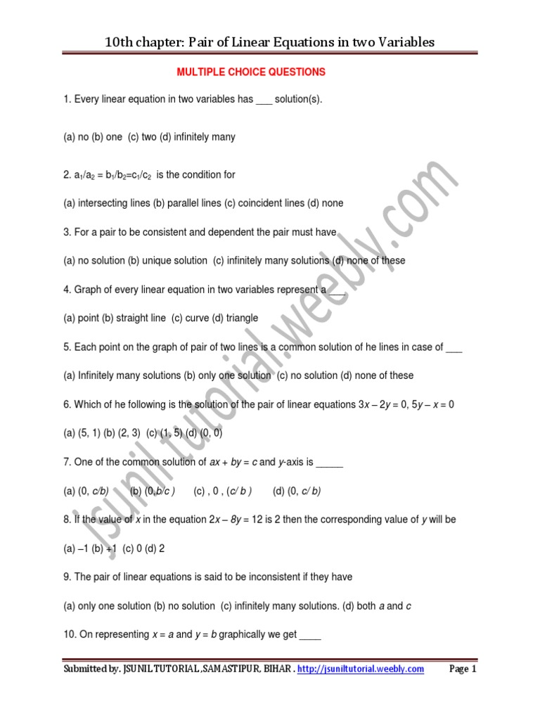10th Linear Equations in Two Variables MCQ | PDF | Line (Geometry ...