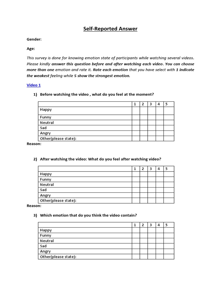 Emotion Survey for Video Reactions | PDF