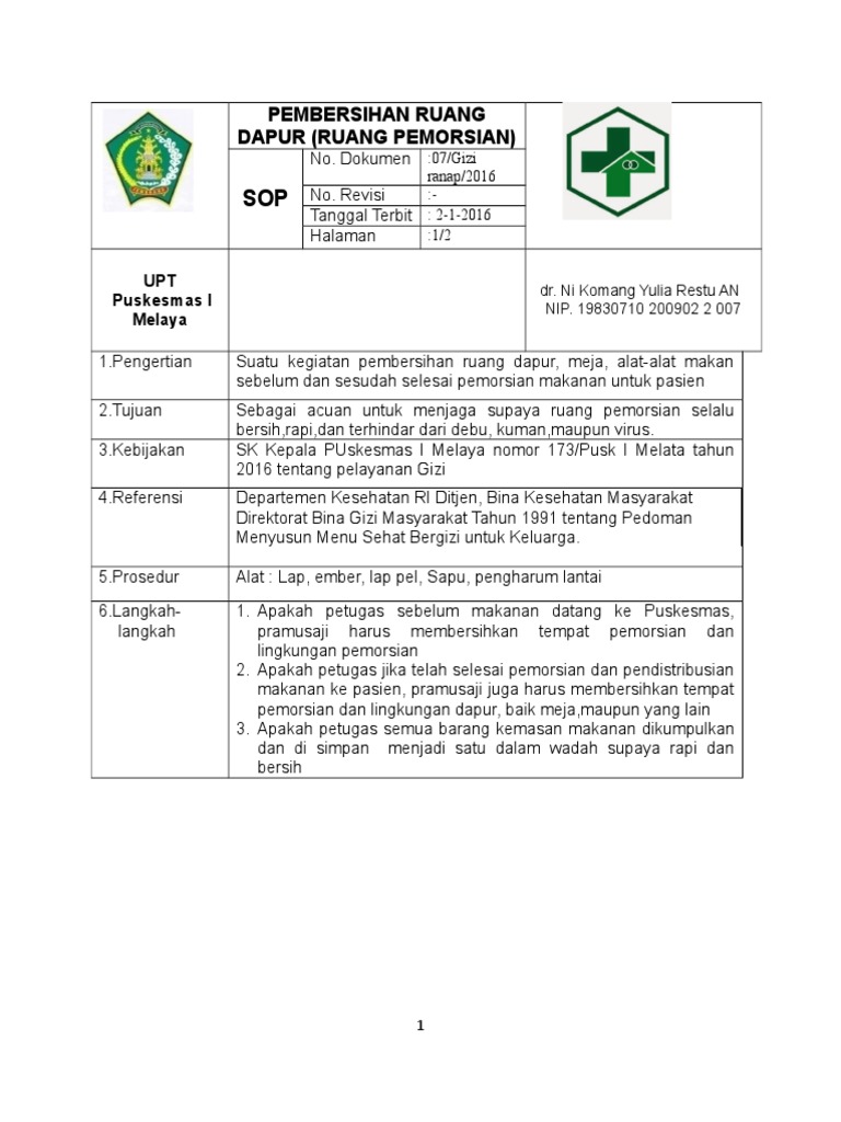 SOP Pembersihan Dapur Puskesmas | PDF | Kesehatan Holistik | Sains ...