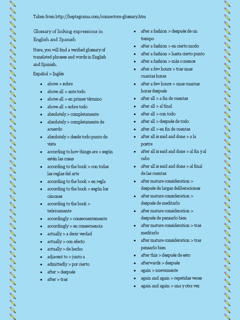 Glossary of Linking Expressions in English and Spanish | PDF