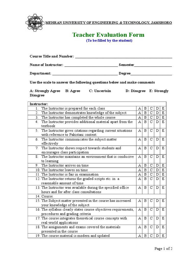 Teacher Evaluation Form: (To Be Filled by The Student) | PDF | Test ...