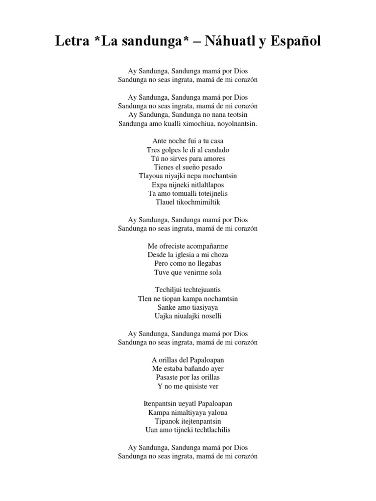 Letra La Sandunga Náhuatl y Español
