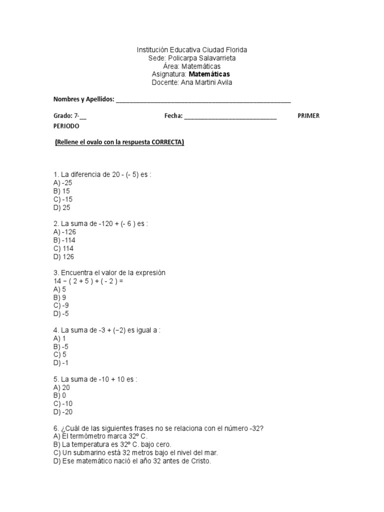 Evalucion Asinatura Matematica | PDF