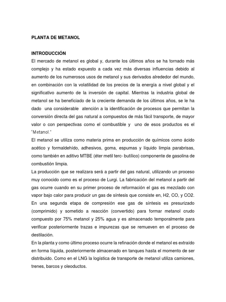 Producción de Metanol: Proceso Lurgi | PDF | Metanol | Dióxido de carbono