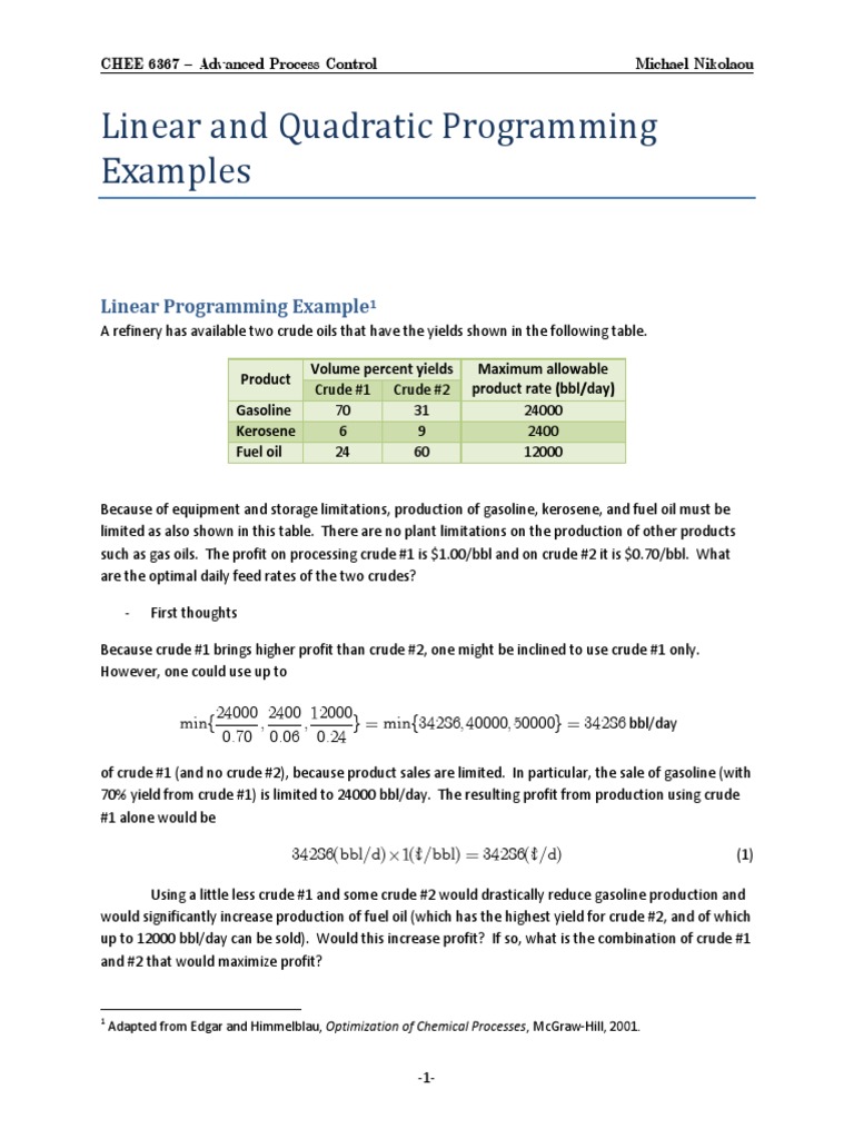Linear and Quadratic Programming Examples | PDF | Petroleum | Mathematical Optimization