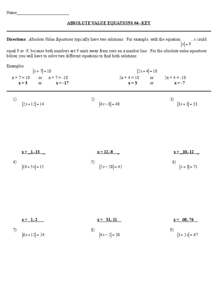 Absolute Value Equations Practice Key | PDF
