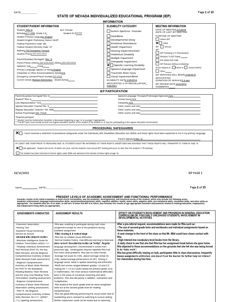 Nevada Iep Form | PDF | Individualized Education Program | Special ...