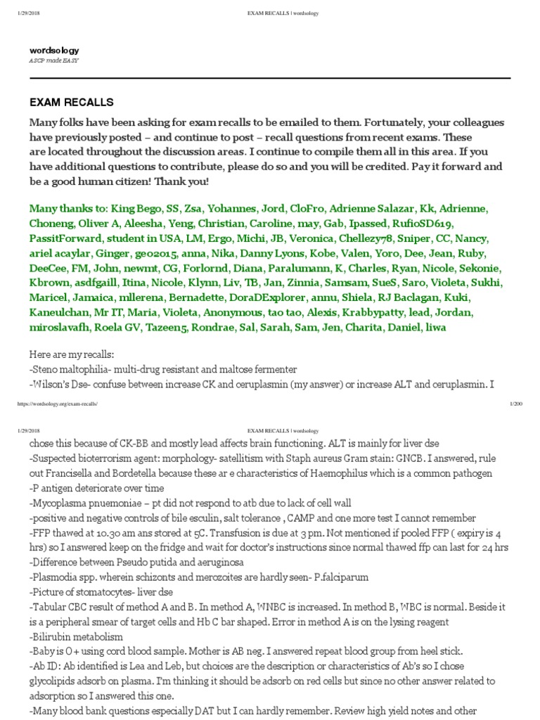 Exam Recalls - Wordsology | PDF | Blood Type | Hematology