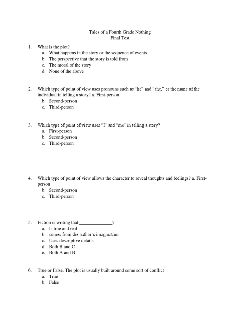 Tales of A Fourth Grade Nothing Final Test | PDF | Plot (Narrative ...