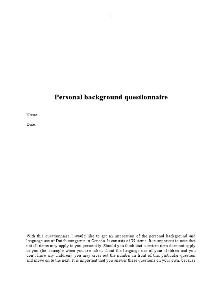 Personal Background Questionnaire | PDF | English Language | Human ...