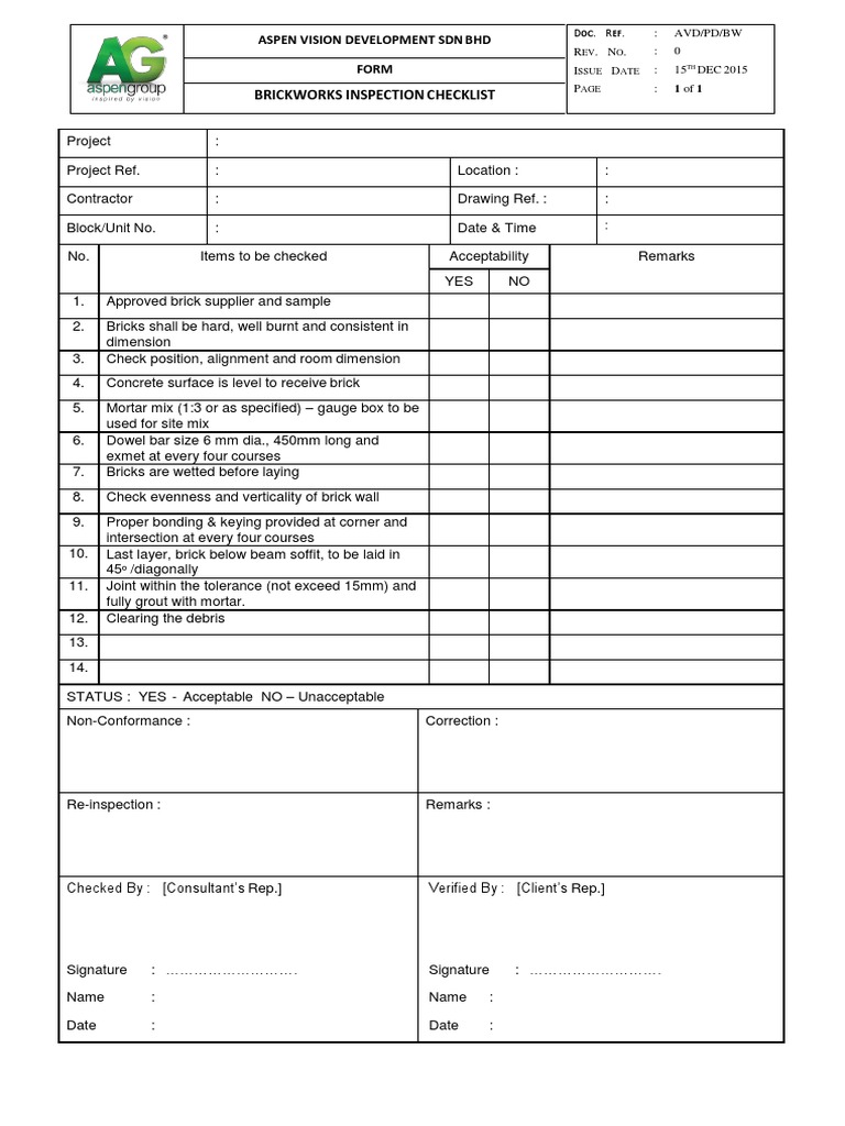 Brickworks Inspection Checklist | PDF Brickworks Inspection Checklist | PDF