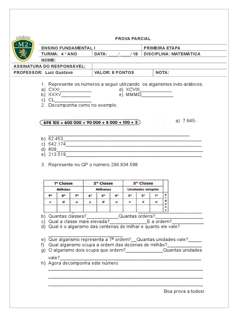 Prova de Matematica 4ºano Modificada | PDF | Ensino de Matemática