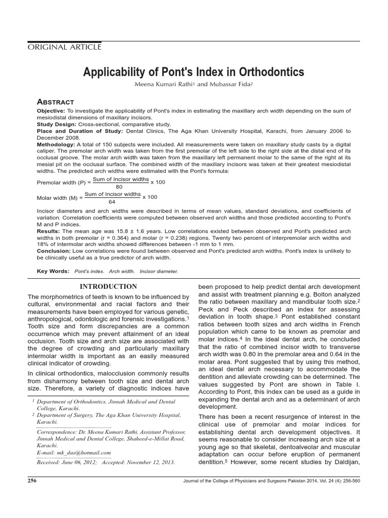 Applicability of Pont's Index in Orthodontics | PDF | Coefficient Of ...