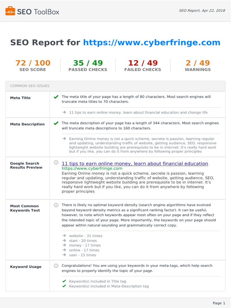 Seo Report | PDF | Search Engine Optimization | Web Page