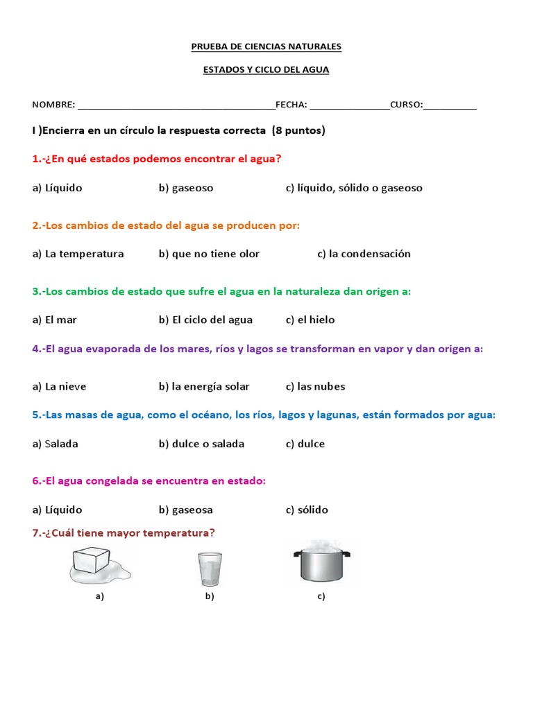 Examen sobre el ciclo del agua 2° básico | PDF | El ciclo del agua ...