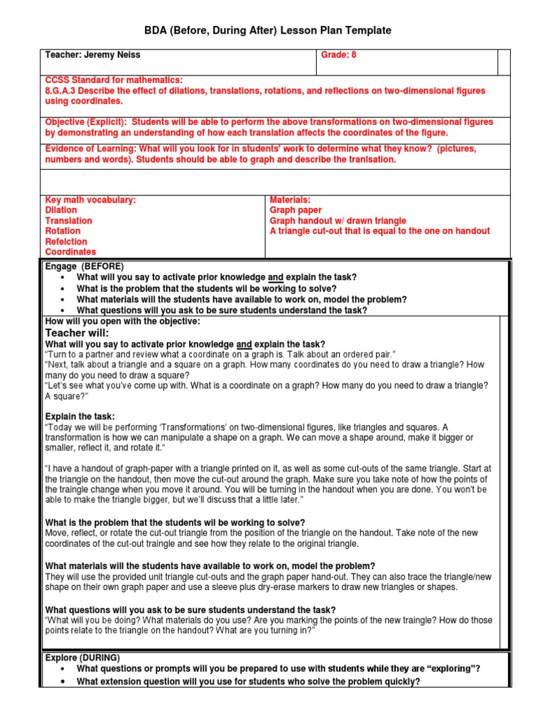 BDA (Before, During After) Lesson Plan Template | PDF | Shape | Equations