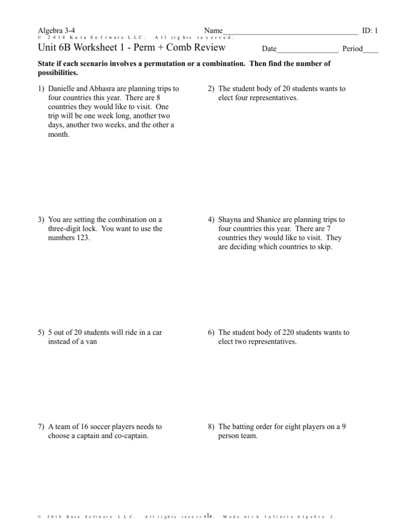 Unit 6B Worksheet 1 - Perm + Comb Review | PDF | Computing And ...