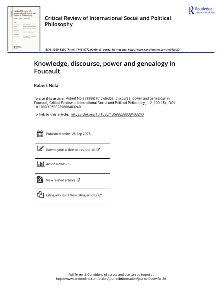 1998 Nola Knowledge Discourse Power Foucault CRISPP | PDF | Discourse ...