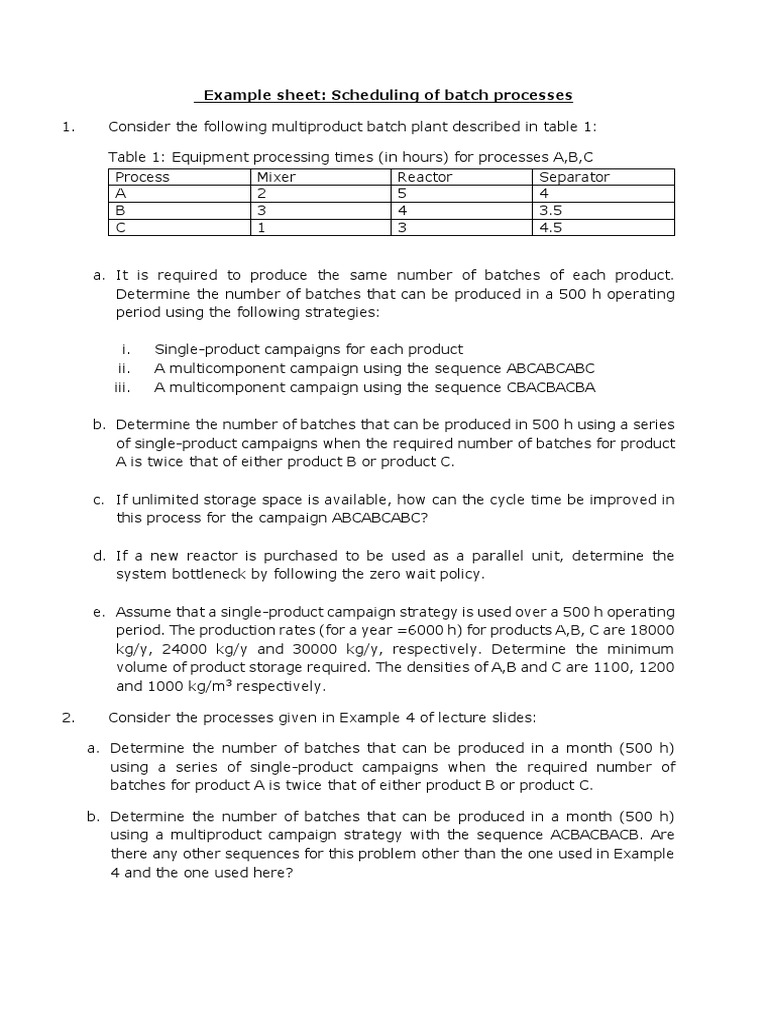 Example Sheet Scheduling Of Batch Processes Pdf Scheduling Production Processes