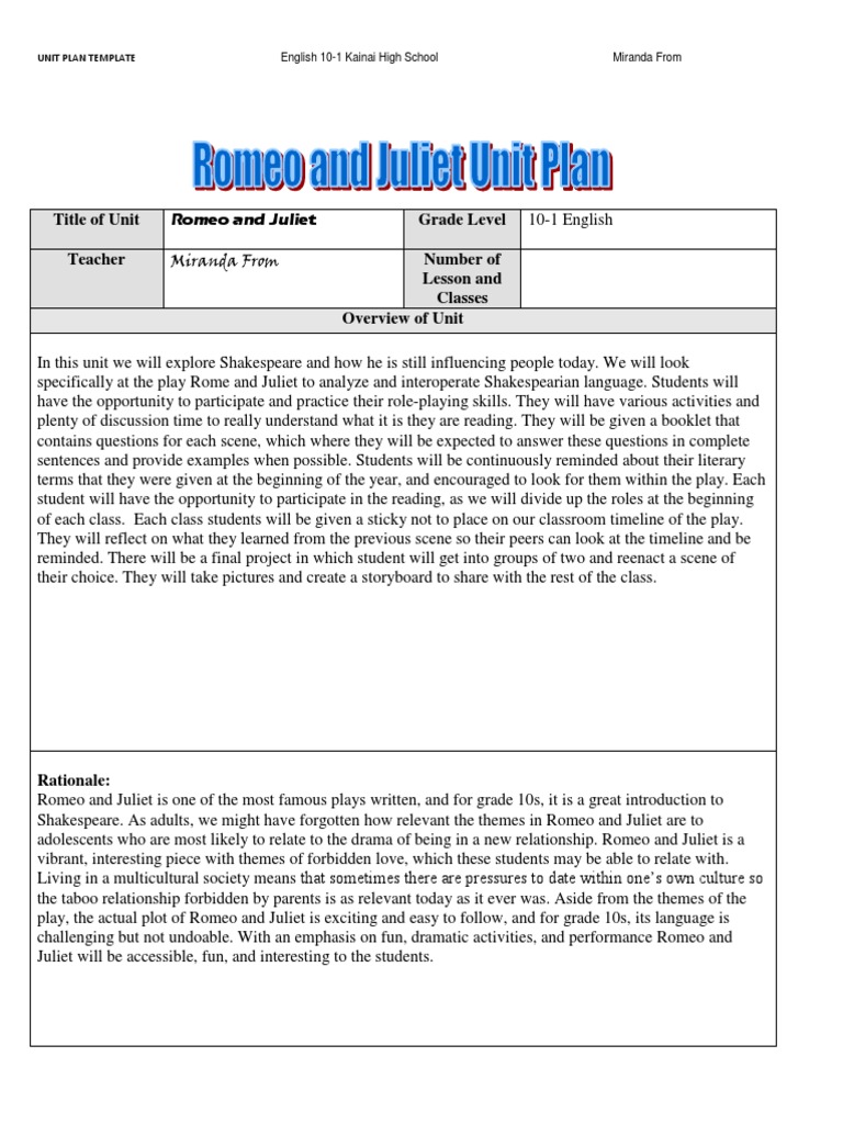 Romeo and Juliet Unit Plan | PDF | Romeo And Juliet | Teaching