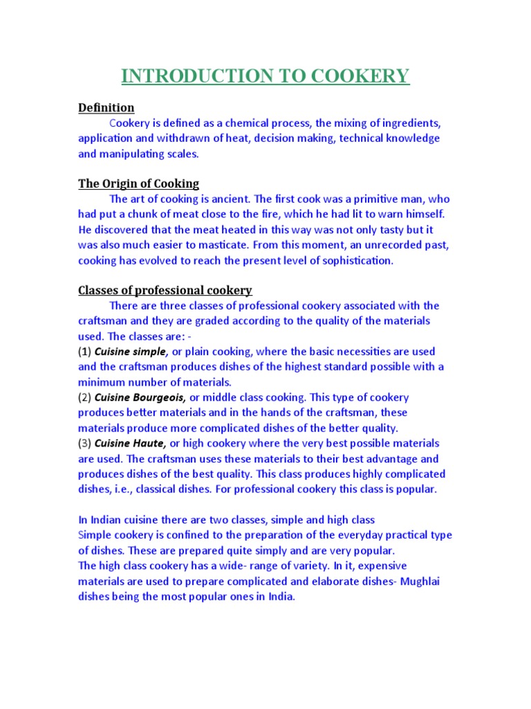 Overview of Cookery Classes and History | PDF | Wellness