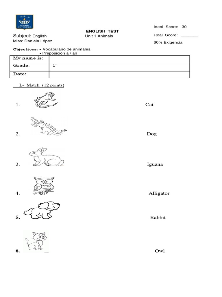 English Test: Animals Vocabulary Unit | PDF