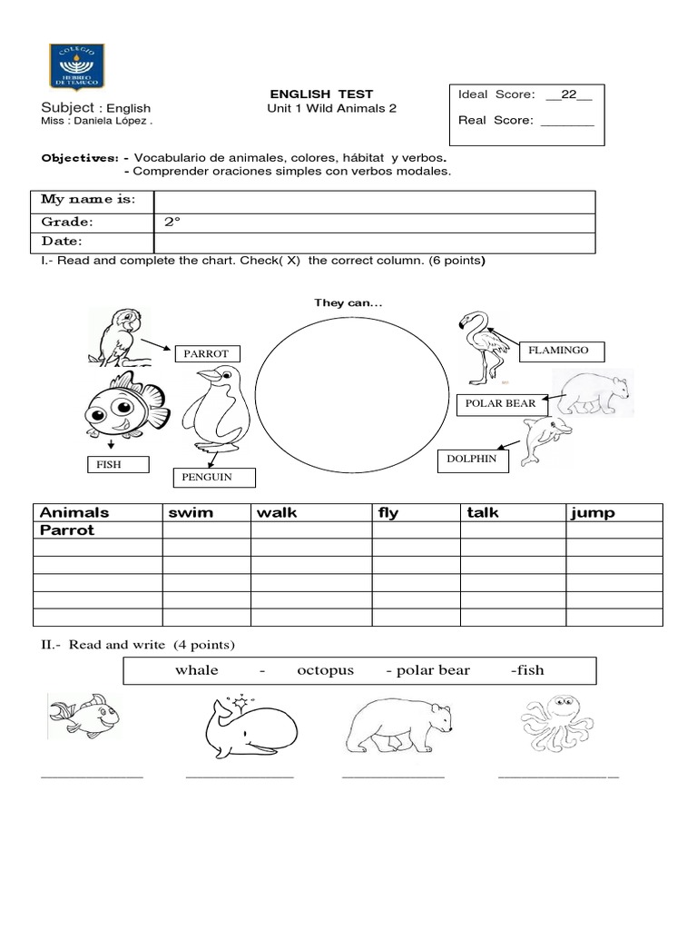 English Test: Wild Animals Unit | PDF