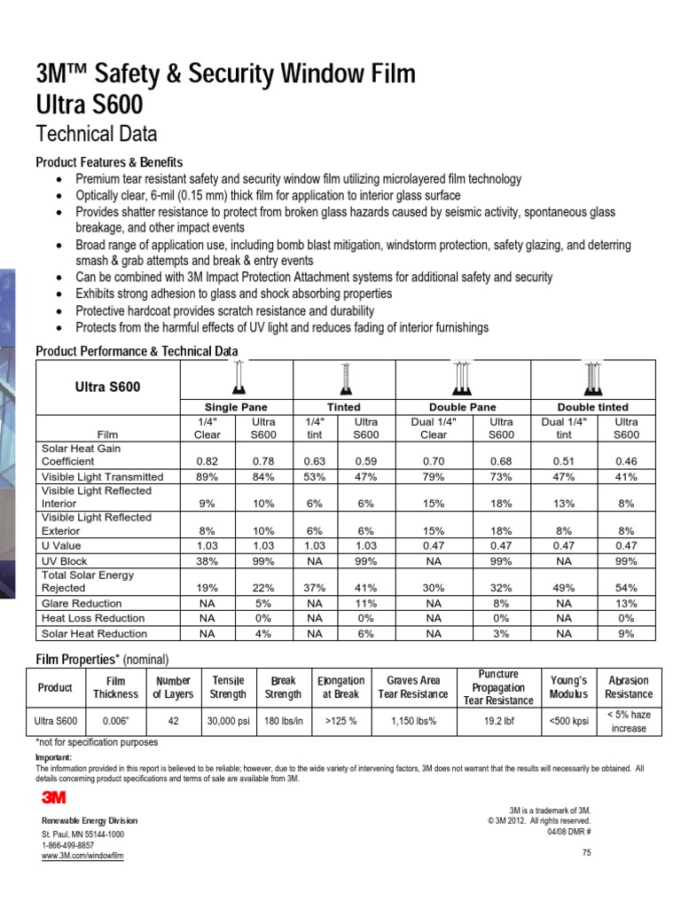 3M™ Safety & Security Window Film Ultra S600: Technical D Ata | PDF ...