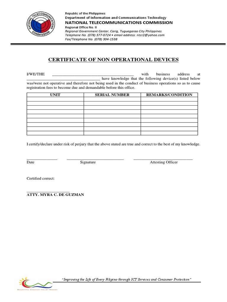Certificate of Non-Operational Devices | PDF