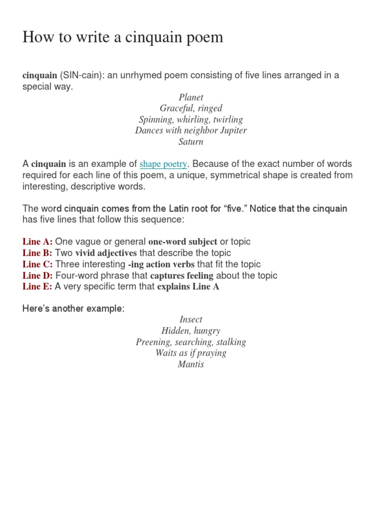 How To Write A Cinquain Poem | PDF | Poetry | Verb