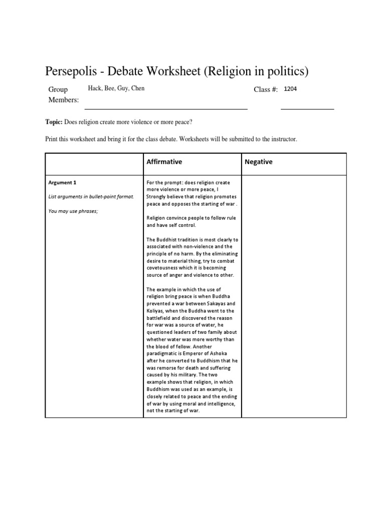 Religion: Violence or Peace Debate Worksheet | PDF | Takbir | Peace