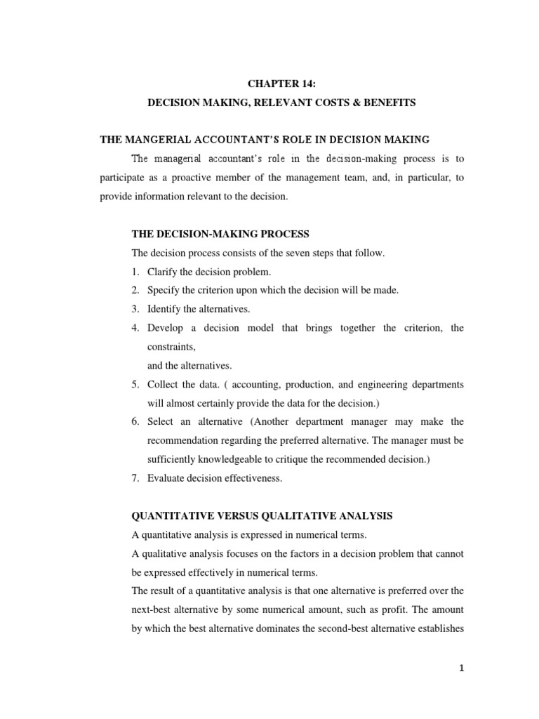 Chapter 14 DECISION MAKING, RELEVANT COSTS & BENEFITS | PDF | Decision ...