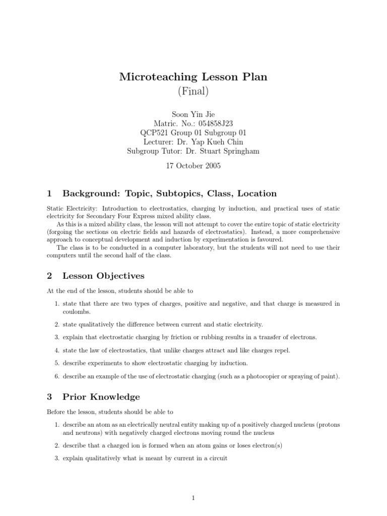 Lesson Plan | PDF | Electric Charge | Electrostatics