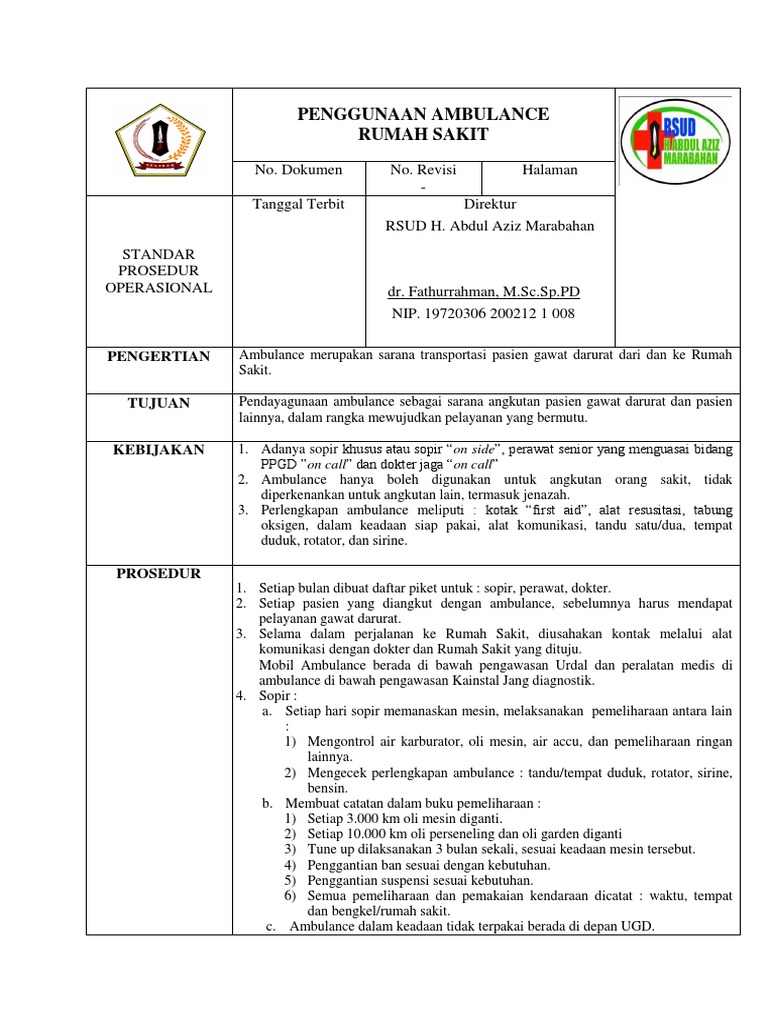 Ark - Sop Penggunaan Ambulance Rs Abdul Aziz | PDF