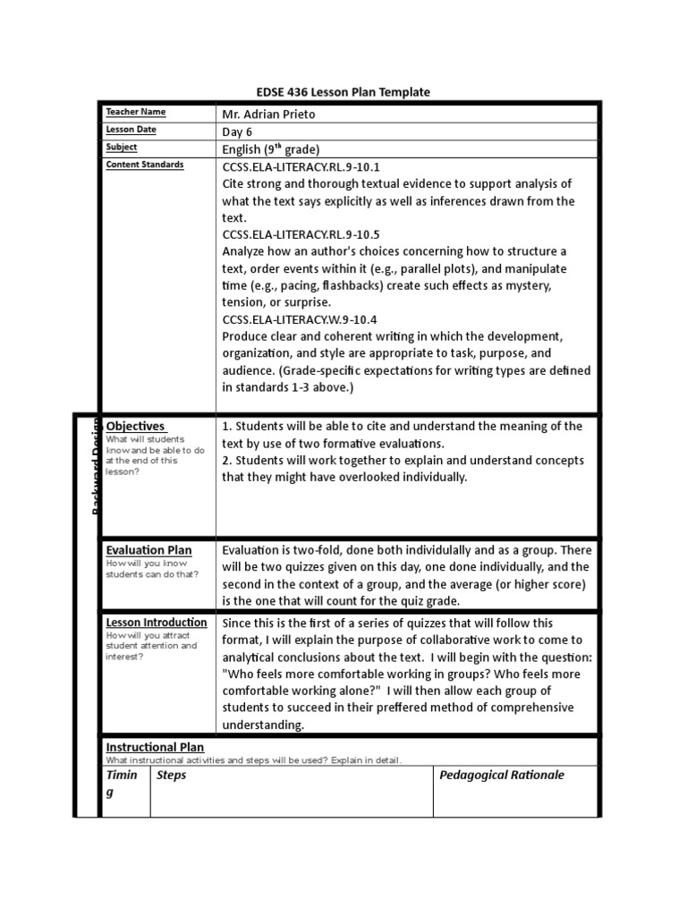 9th Grade English Lesson Plan Template | PDF | Quiz | Lesson Plan