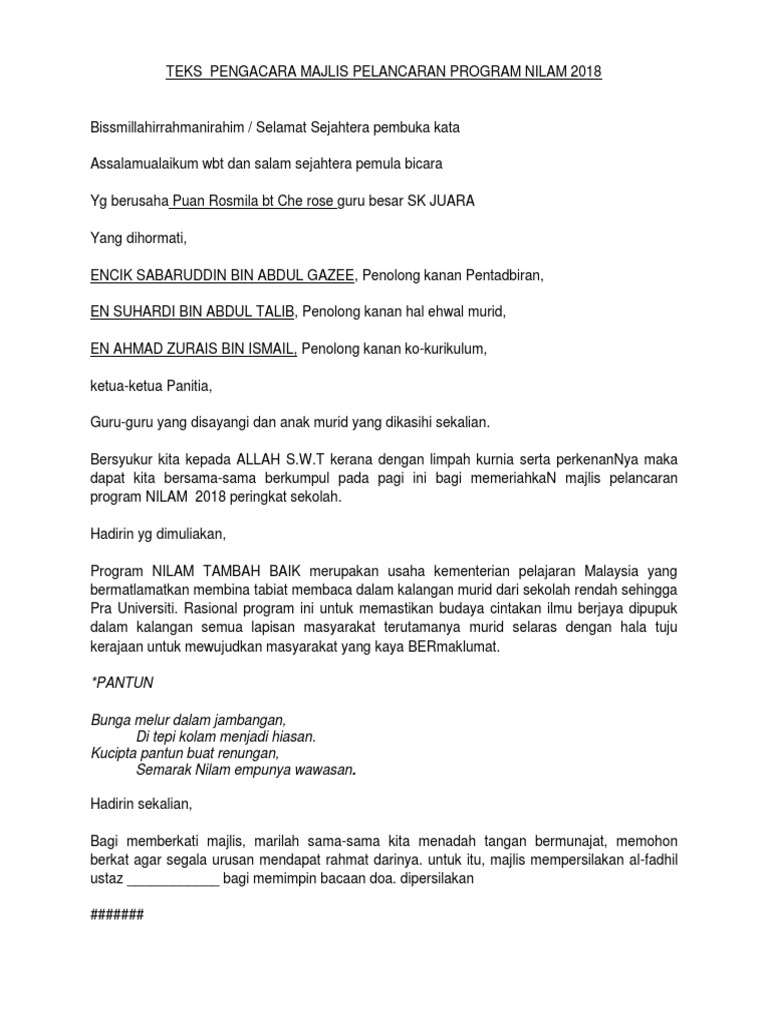 Teks Pengacara Majlis Pelancaran Program NILAM 2018 | PDF
