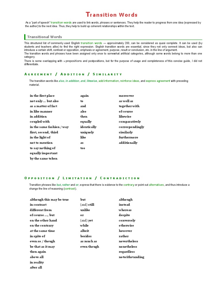 Transition Words & Phrases | PDF | Sentence (Linguistics) | Phrase