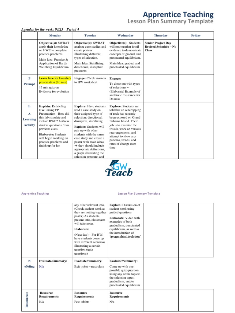 Apprentice Teaching: Lesson Plan Summary Template | Download Free PDF ...