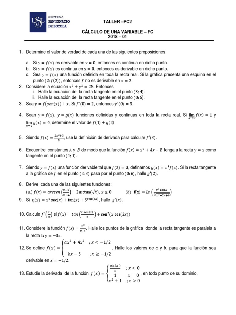 Taller - PC2 Cálculo de Una Variable - FC 2018 - 01 | PDF | Derivado | Función continua