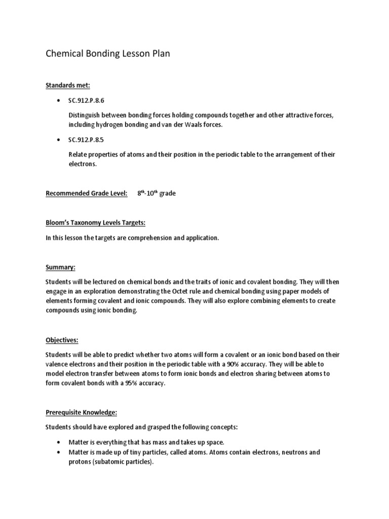 Chemical Bonding Lesson Plan | PDF | Chemical Bond | Atoms